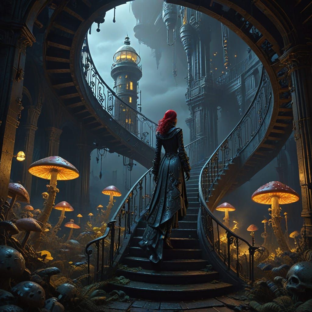 Skeletal Figure Descends Spiral Staircase in Dream... - AI Art