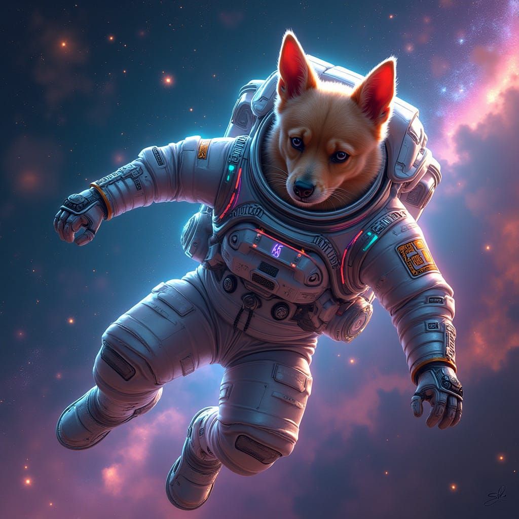 a futuristic dog flying in space - Canine Space Explorer in...
