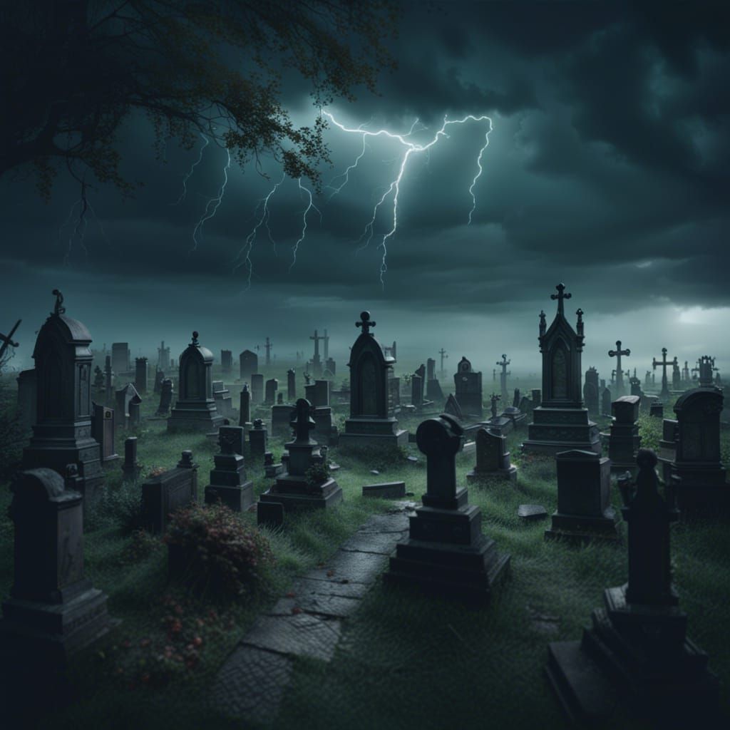 Spooky graveyard during a thunderstorm - AI Generated Artwork ...