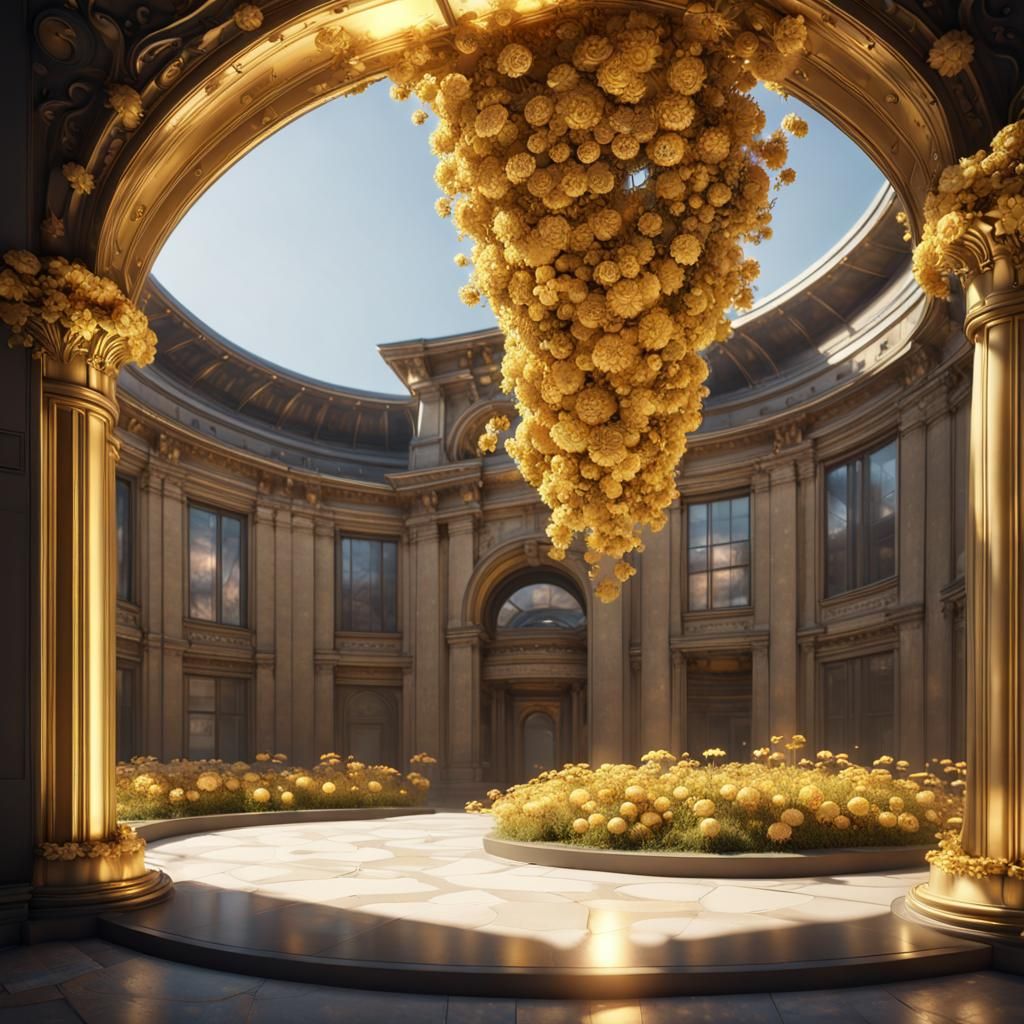 Golden metallic flowers as canopies for the windows of the circular ...