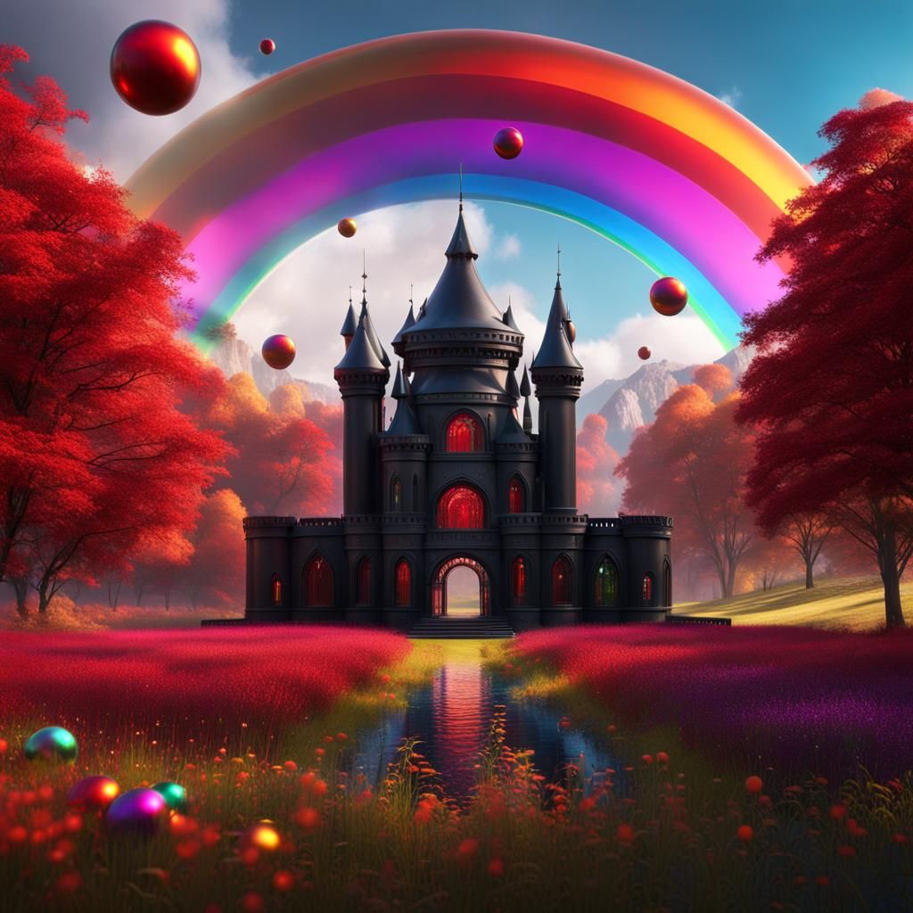 A black and red renaissance modern style castle surrounded by rainbow ...
