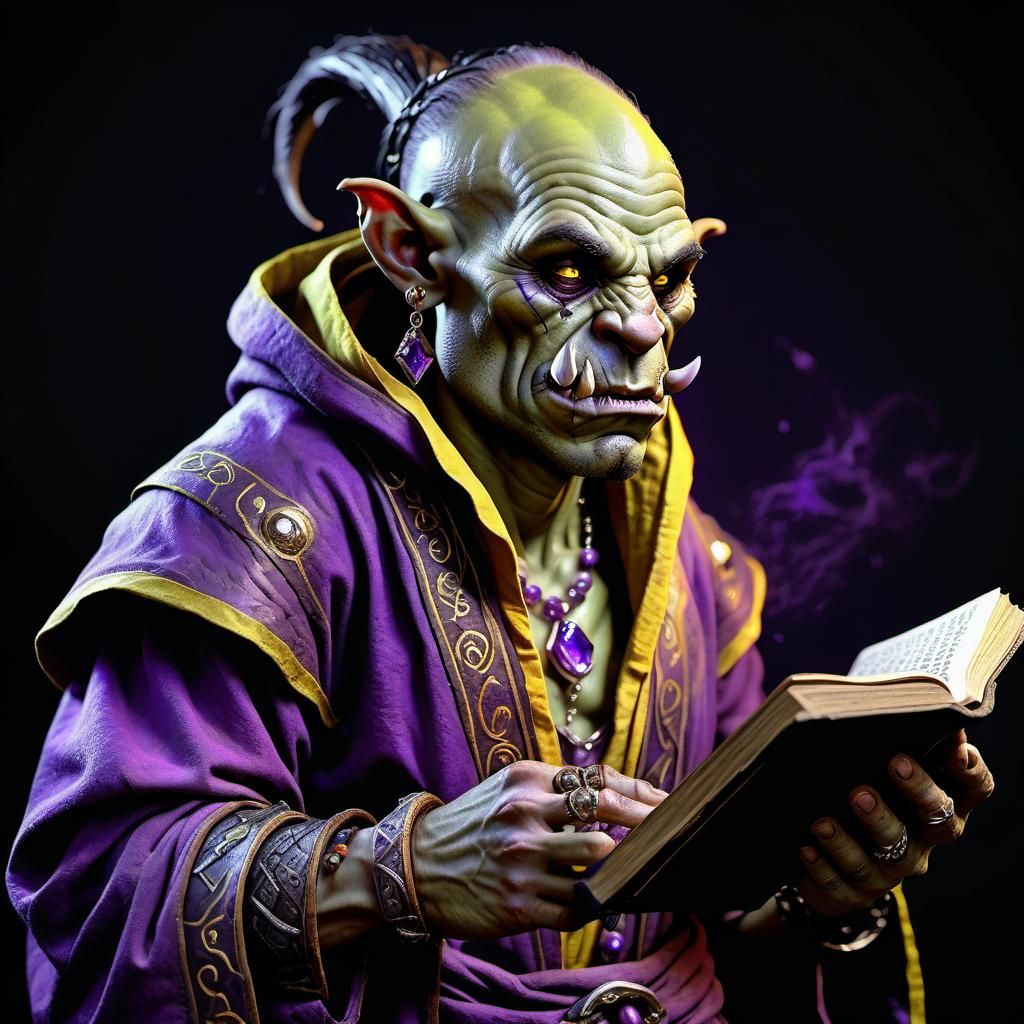 Dull Black Orc mage apprentice in finely crafted purple/yellow robe ...