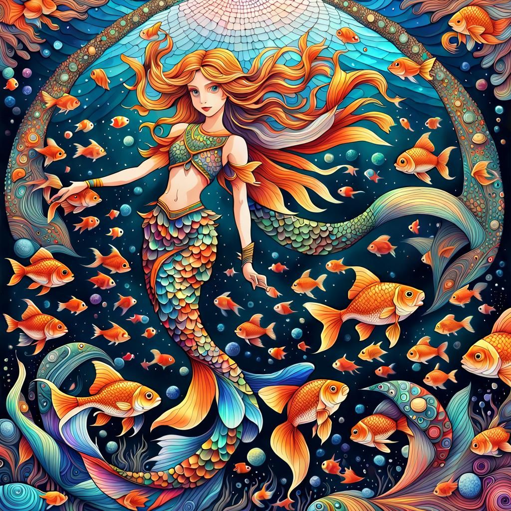 (Hyper detailed mesmerizing art of a goldfish mermaid with fairy wings ...
