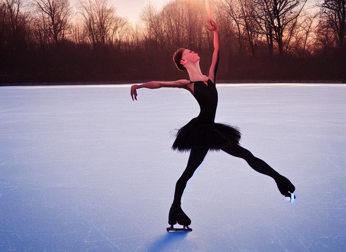 A graceful ballerina ice skating in the wind at dawn, sheen ...