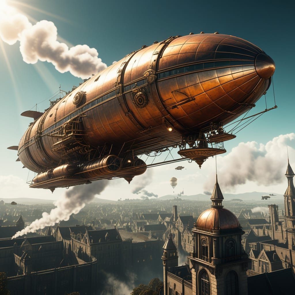 Steampunk Zeppelin Soars Towards Castle in Menacin... - AI Art