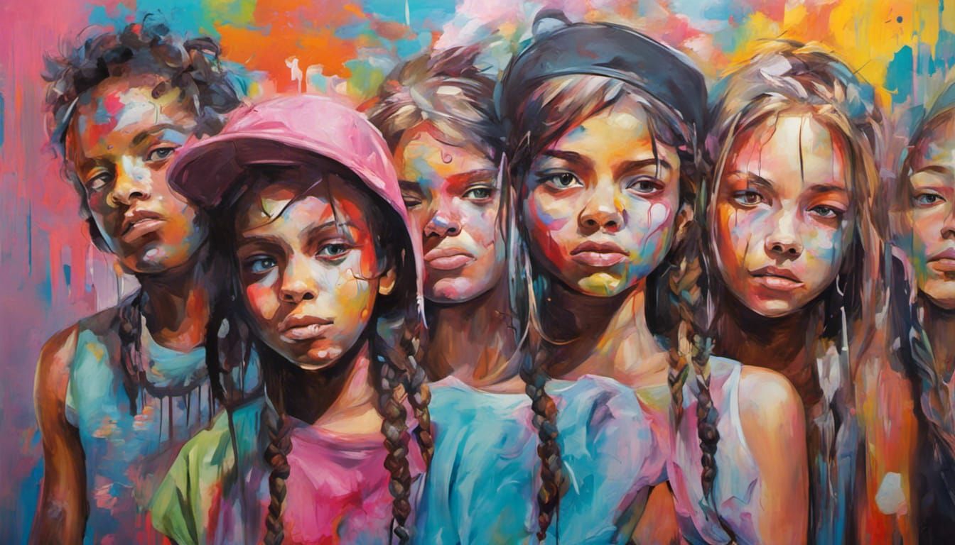 Group of American friends teenage boys and girls, Expressive Realism ...