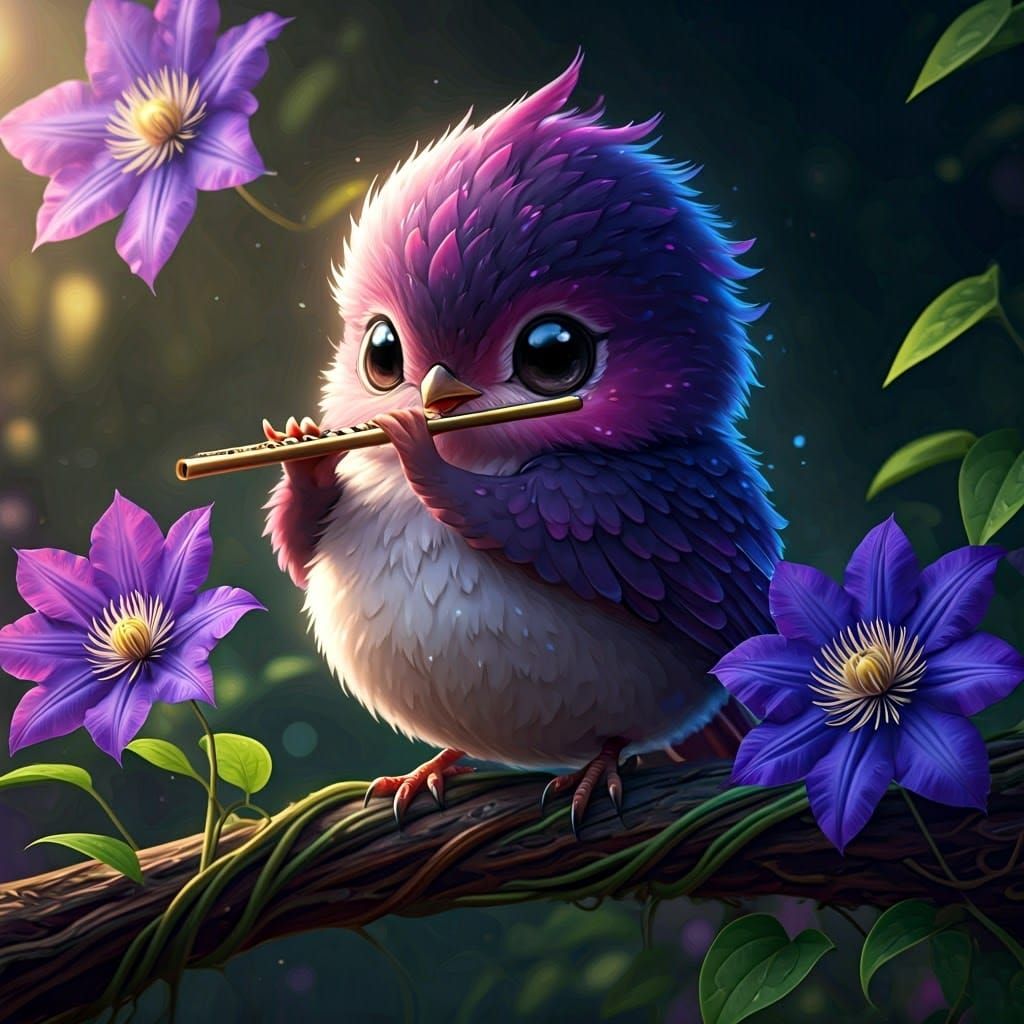 Purple Plumed Piccolo Player - Hyperrealistic Chibi Bird Mus...