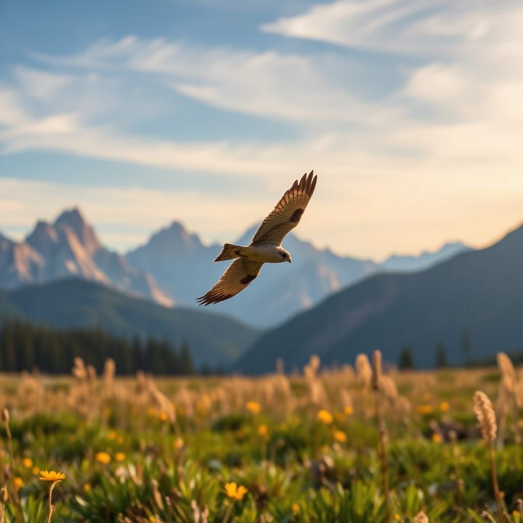 Peregrine falcon flying high above the meadow and the mountains