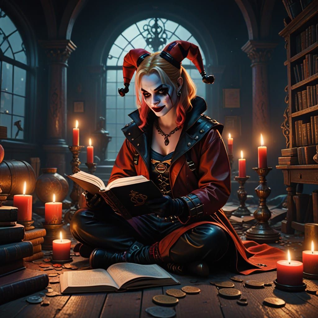 harley quinn reading a magic book - Fantasy Jester Seeks Anc...