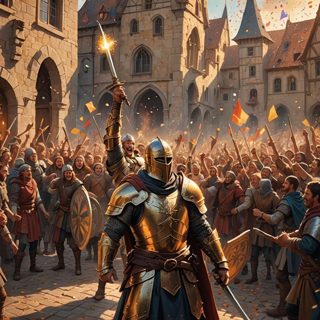 celebrating dnd win in kingdom - Victorious Warrior in Medie...