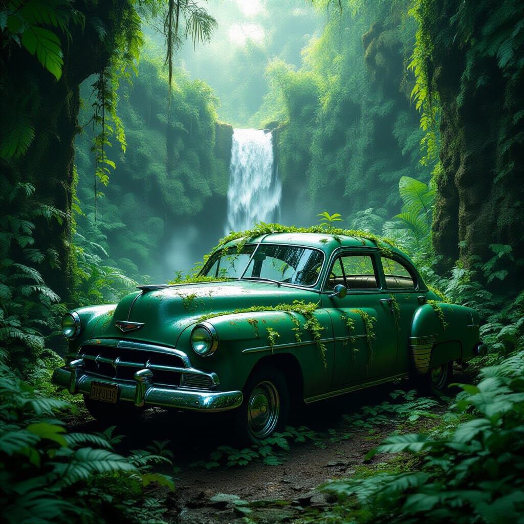 envision a vintage car with a waterfall cascading over its hood ...
