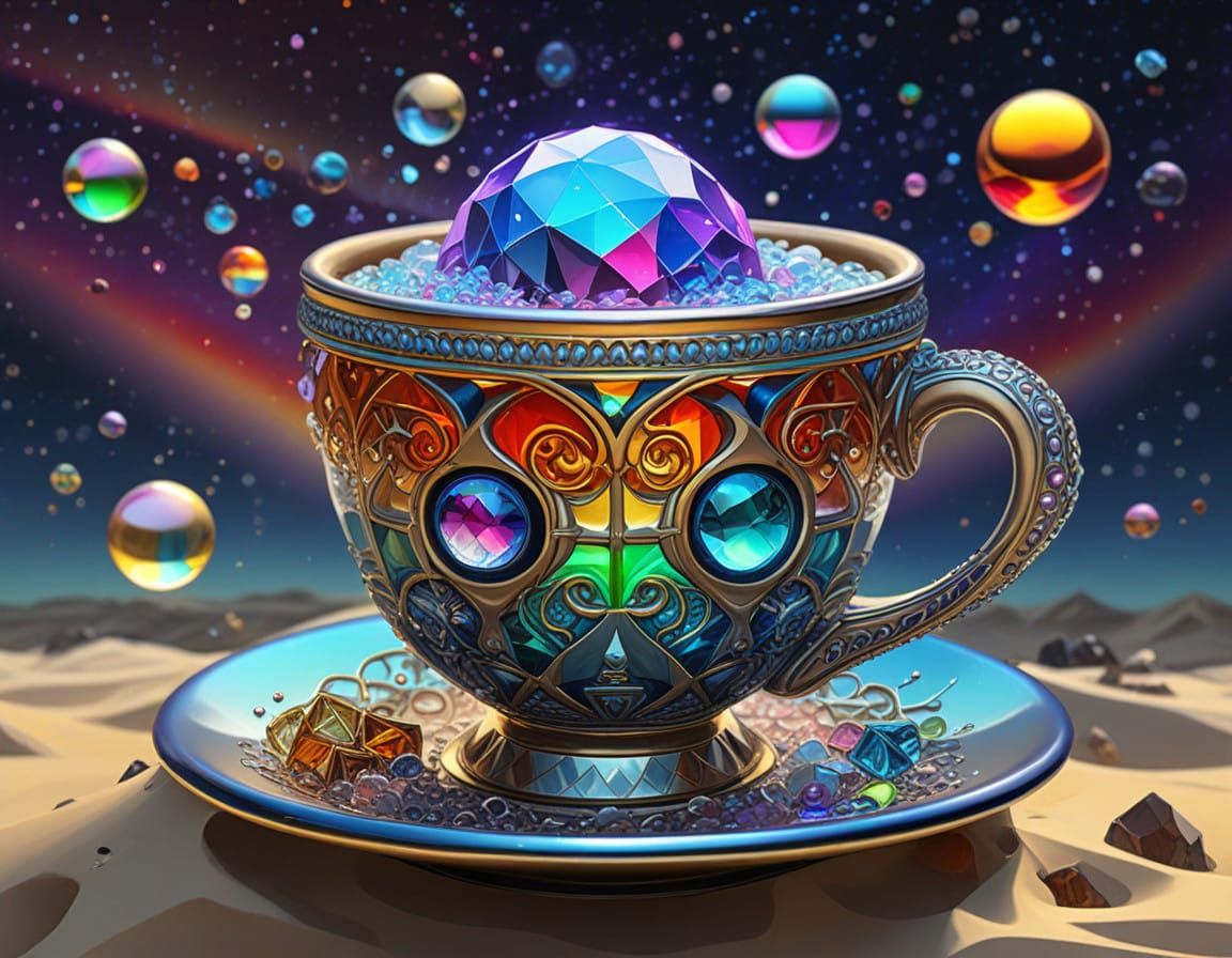 Surreal Teslapunk World in a Cup, Swirling Rainbow... - AI Art