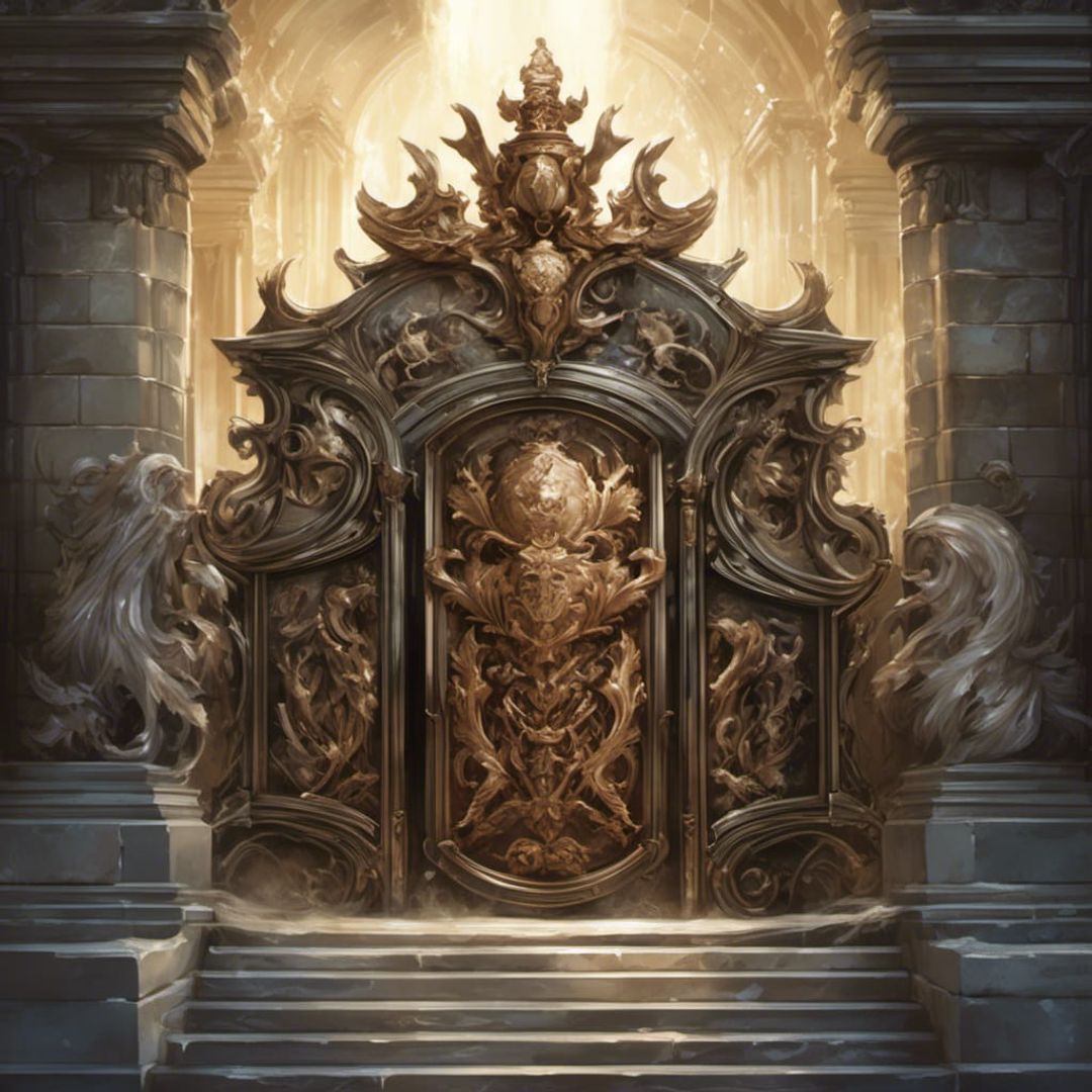 Castle gate with large coat of arms shield, Mark Brooks and Dan Mumford ...