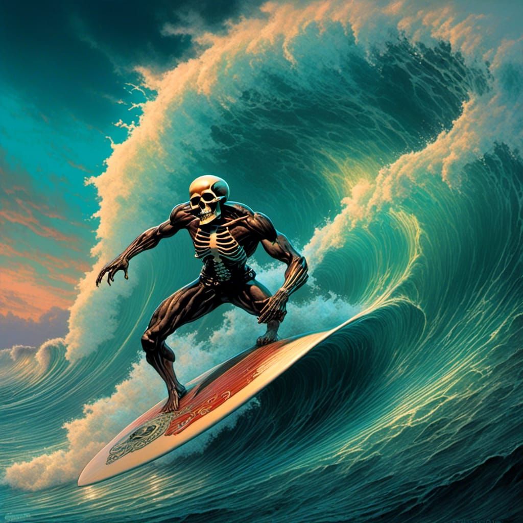 a skull riding a wave on top of a surfboard, digital art, by Boris ...