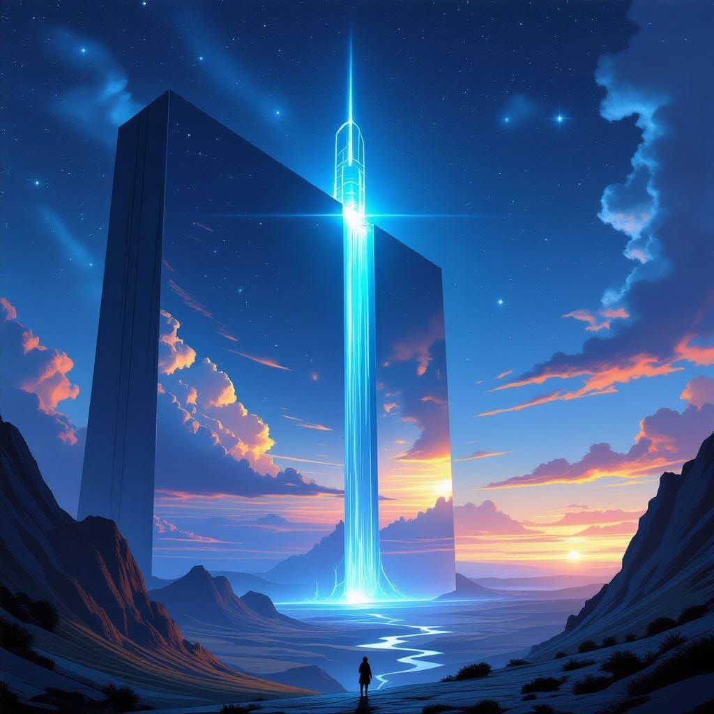Giant Sky-Reflecting Wall with Futuristic Beacon - AI Art