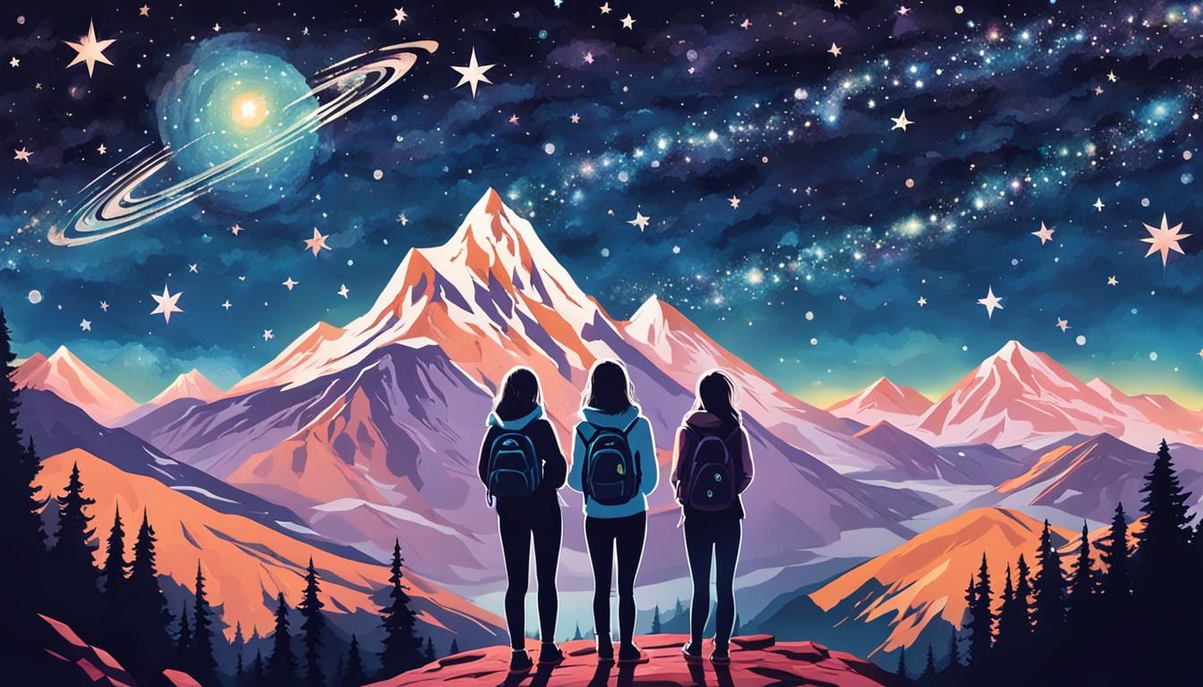 Mountainscape, starscape, girls look up the stars - AI Generated ...