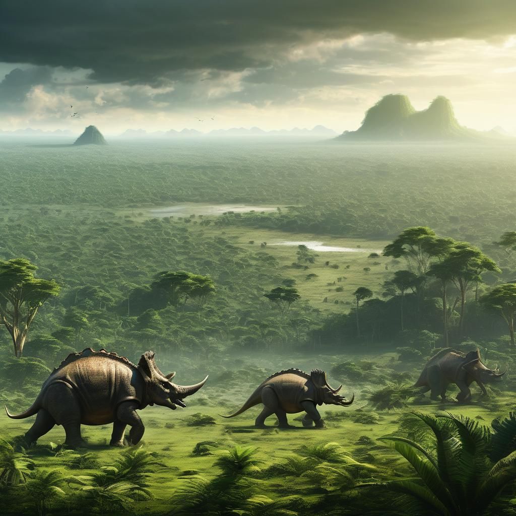 A breathtaking panoramic view of a prehistoric scene, with a vast open ...