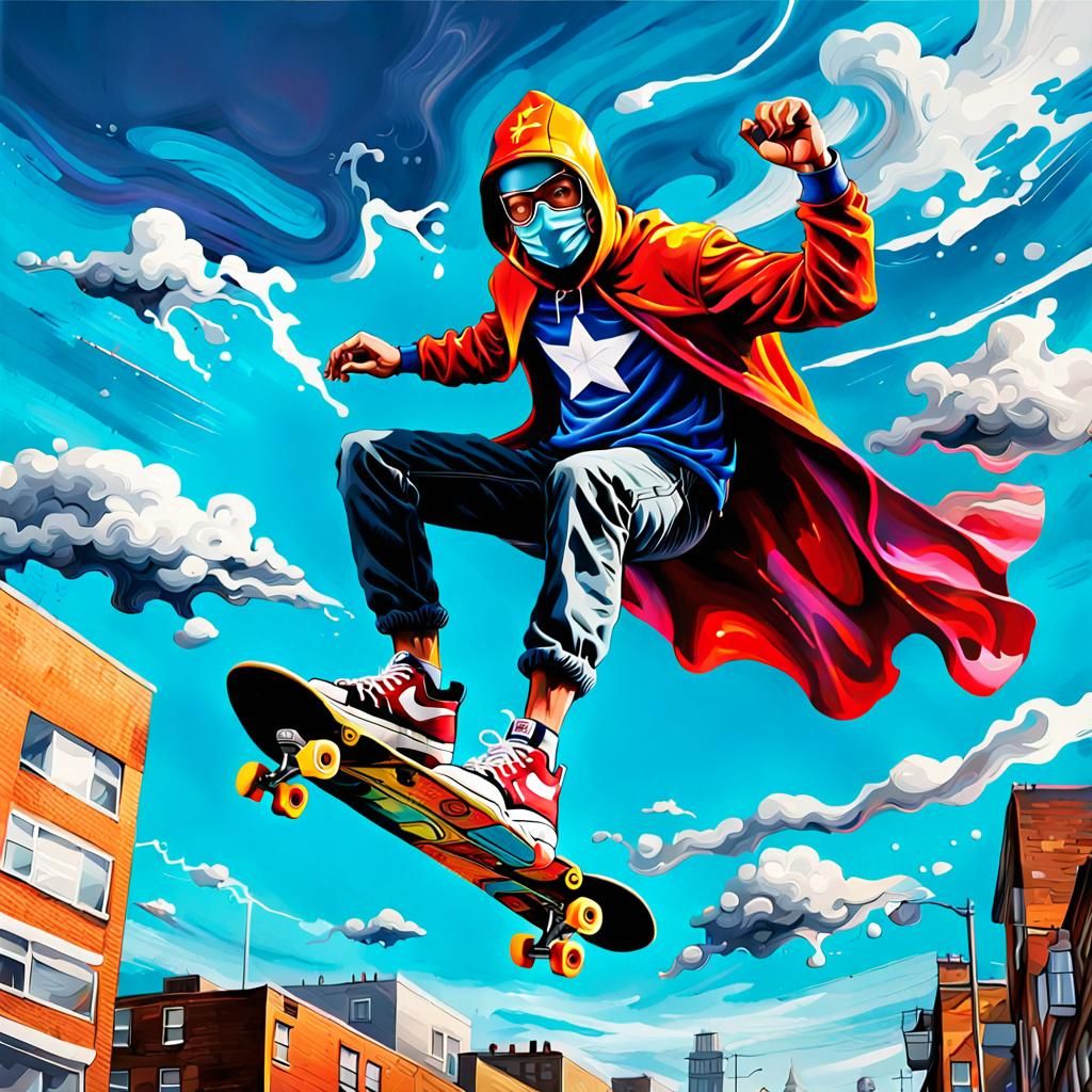 Make a skater as a superhero character which can fly, graffiti art ...