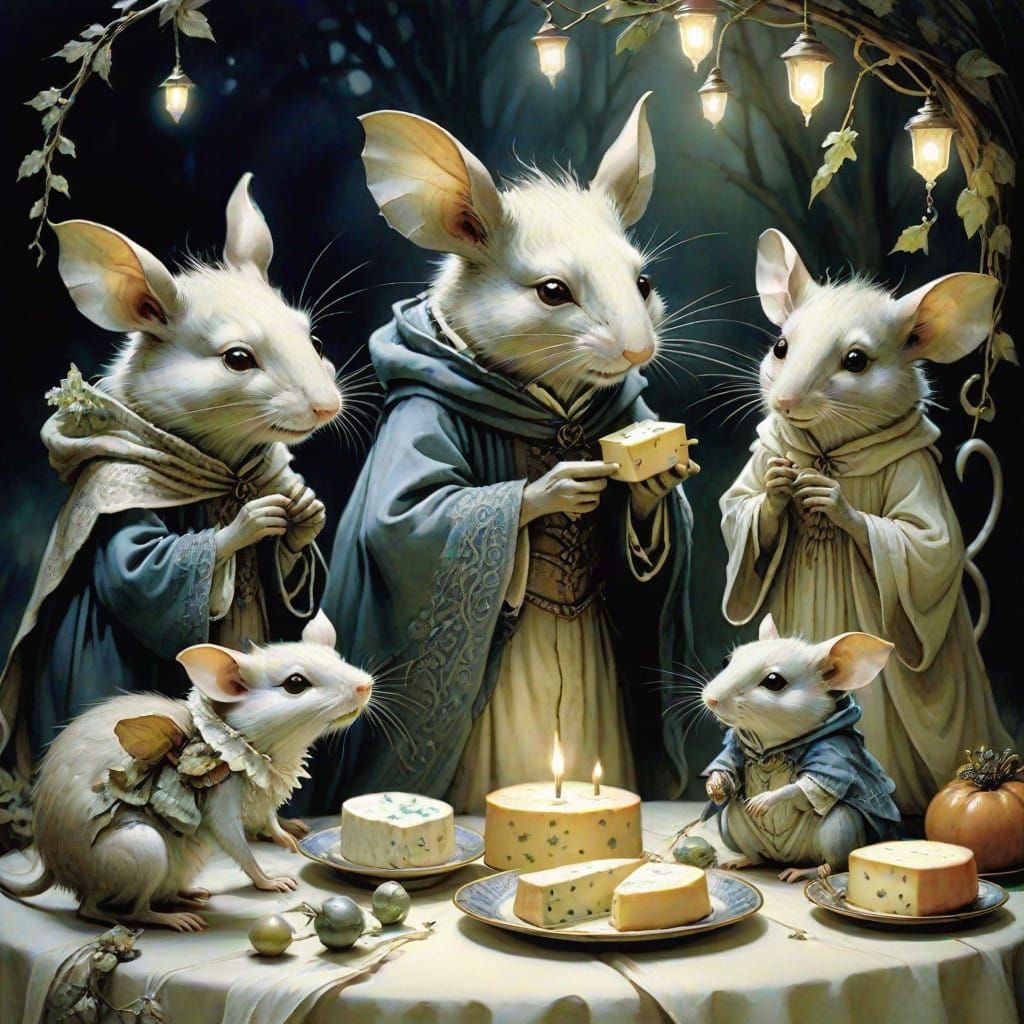 Mice - Whimsical Mice at a Magical Moonlit Feast