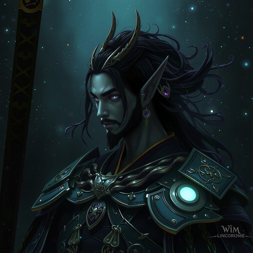 Regal Drow Elf Samurai in Vibrant Nebula, Blending... - AI Art