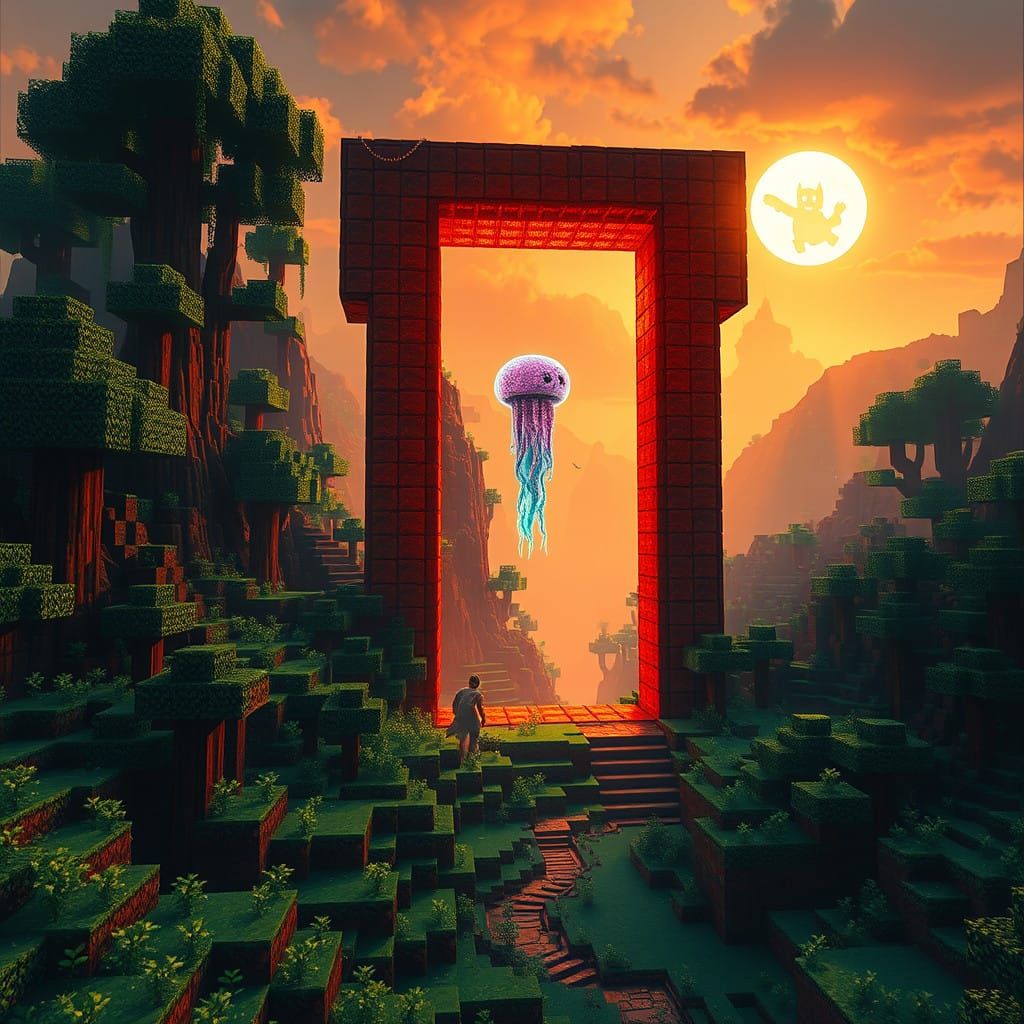 Realistic Minecraft Overworld with Nether Portal a... - AI Art