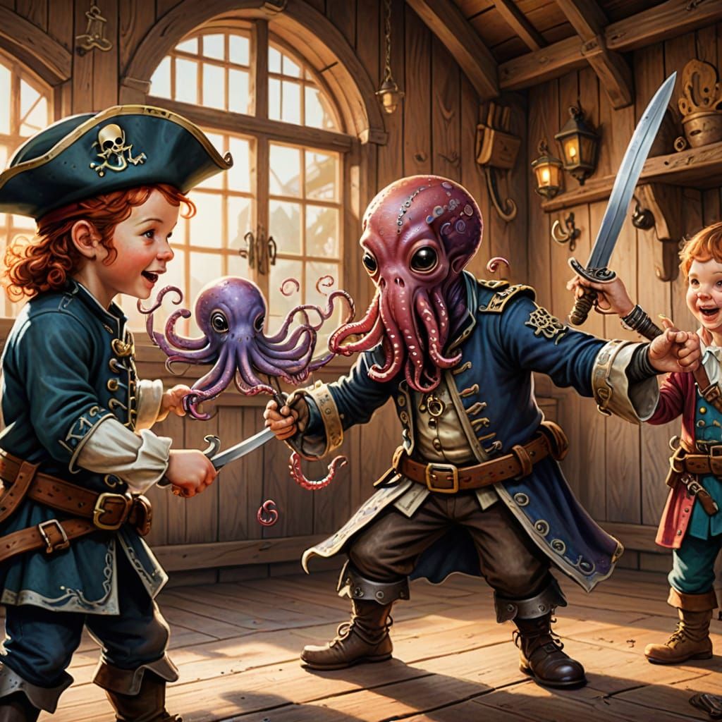 Octopus Pirate Teaches Toddlers Fencing in Medieva... - AI Art