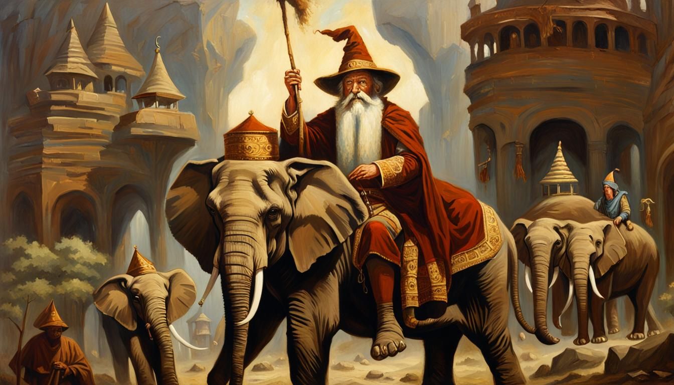 A human wizard dressed in brown wearing a brown wizard's hat who riding ...