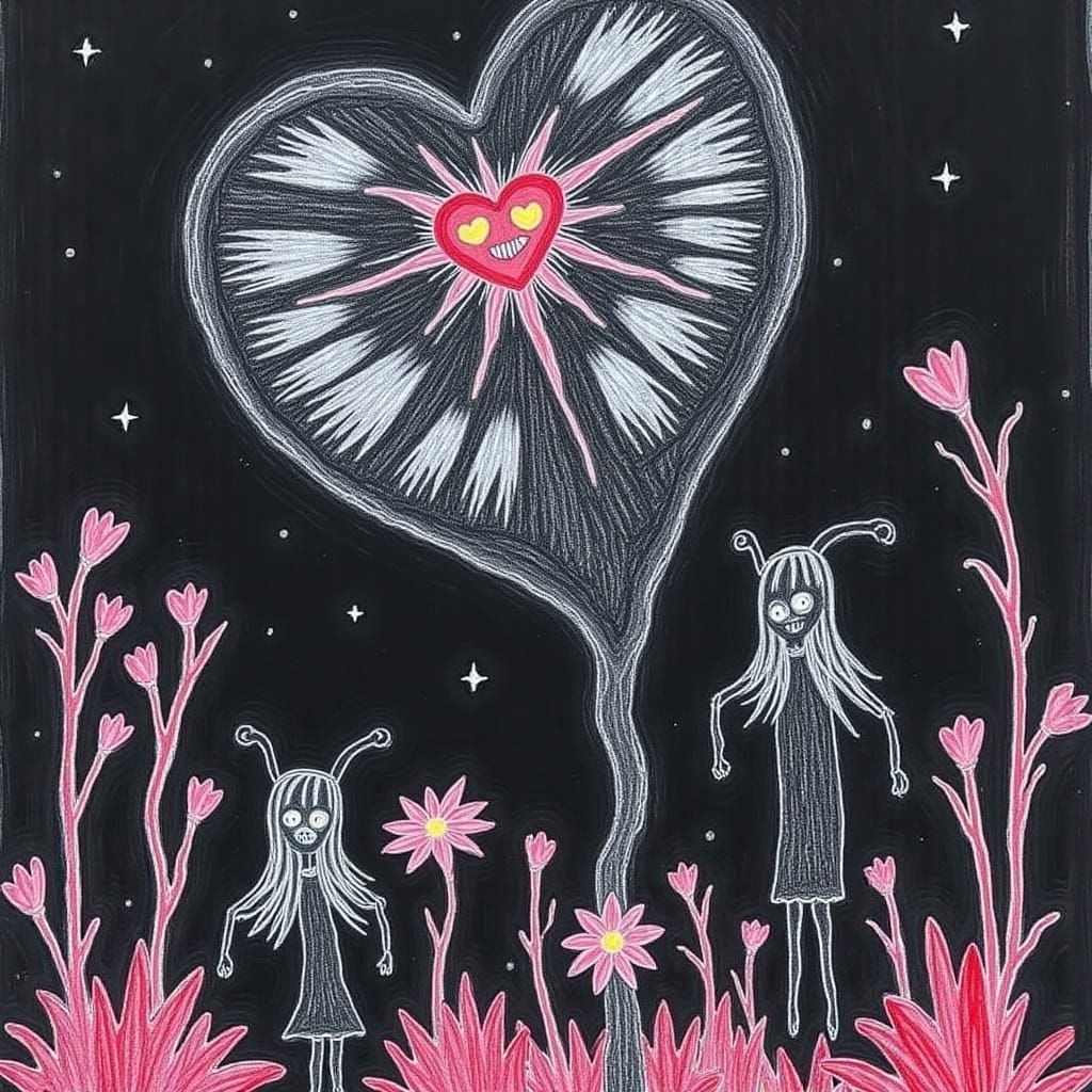 Kids Crayon drawings ,surreal child's drawing goth Valentines , caged ...