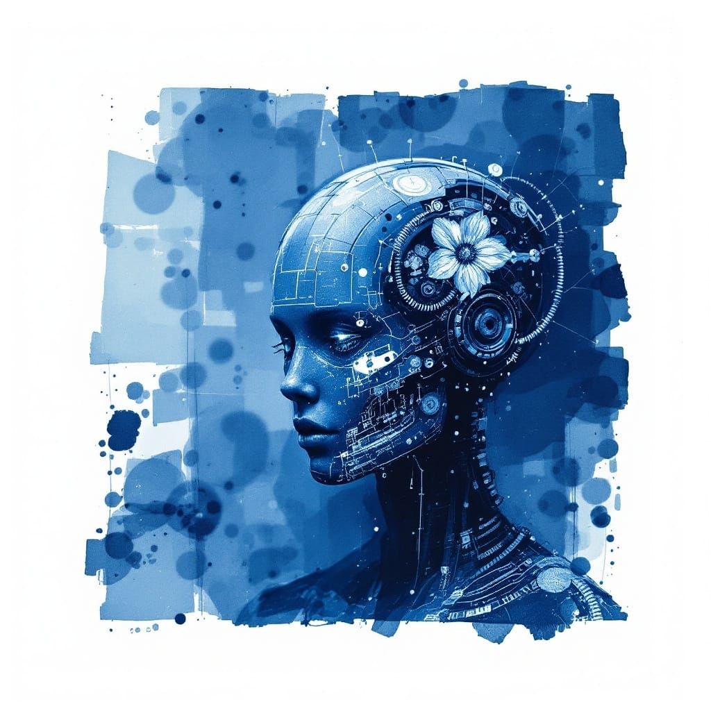 Cyborg Blueprint in Fine Art Cyanotype - AI Art
