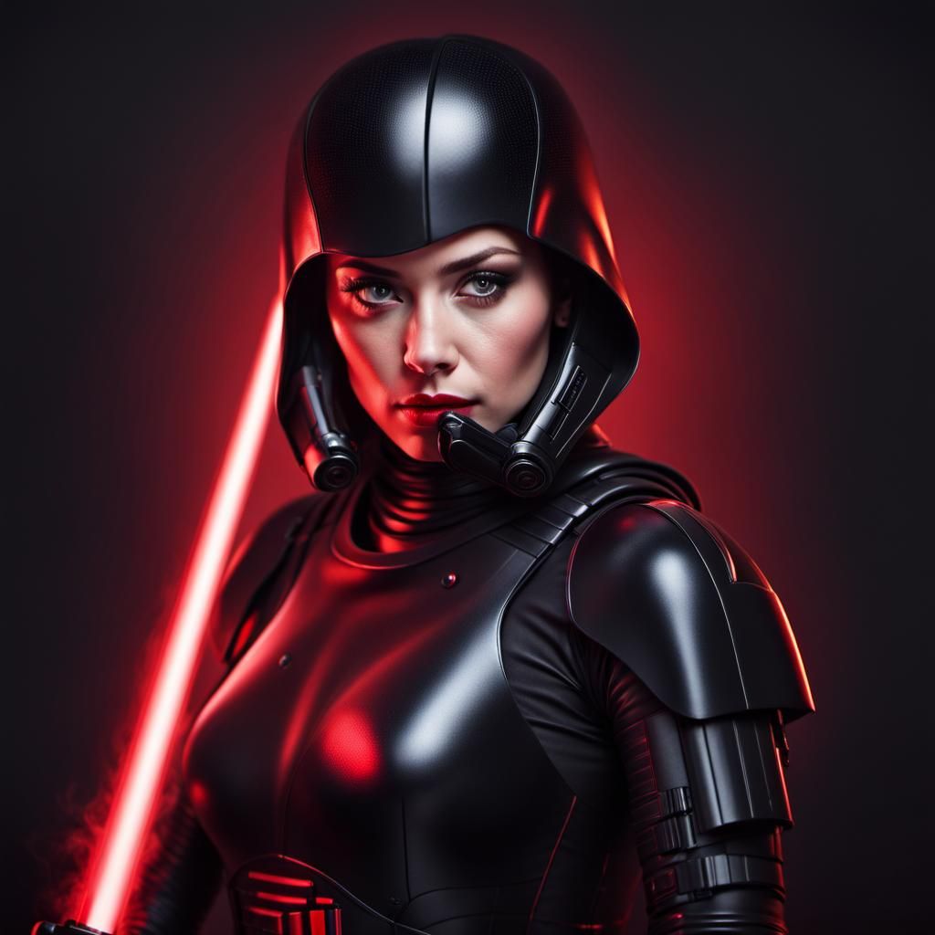 A realistic photo of a beautiful woman in black storm trooper outfit ...