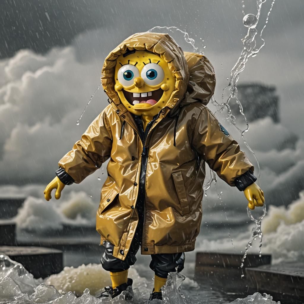 SpongeBob SquarePants in a soaking wet shiny nylon puffy down jacket ...