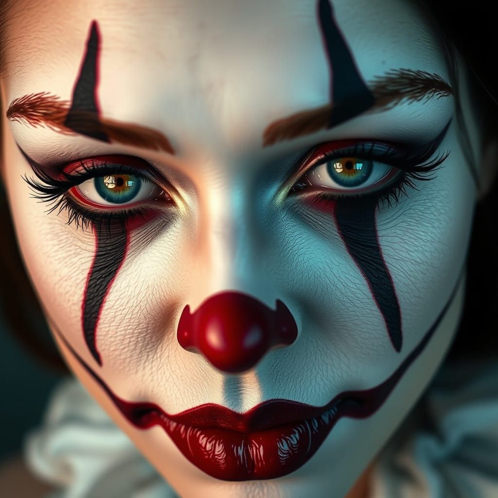 close-up of the eyes of a beautiful woman with pennywise clown white ...