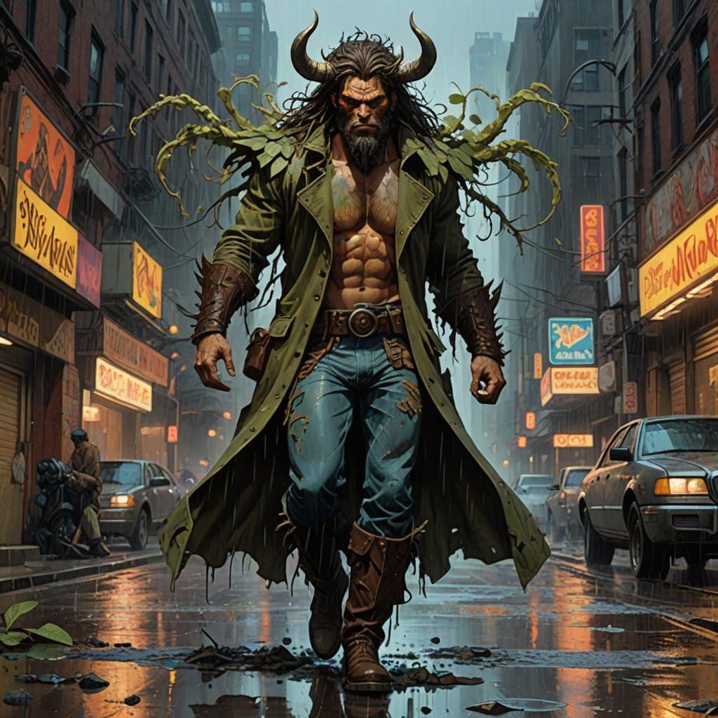 Cyberpunk Rebel God Emerges in Rainy Streets - AI Art