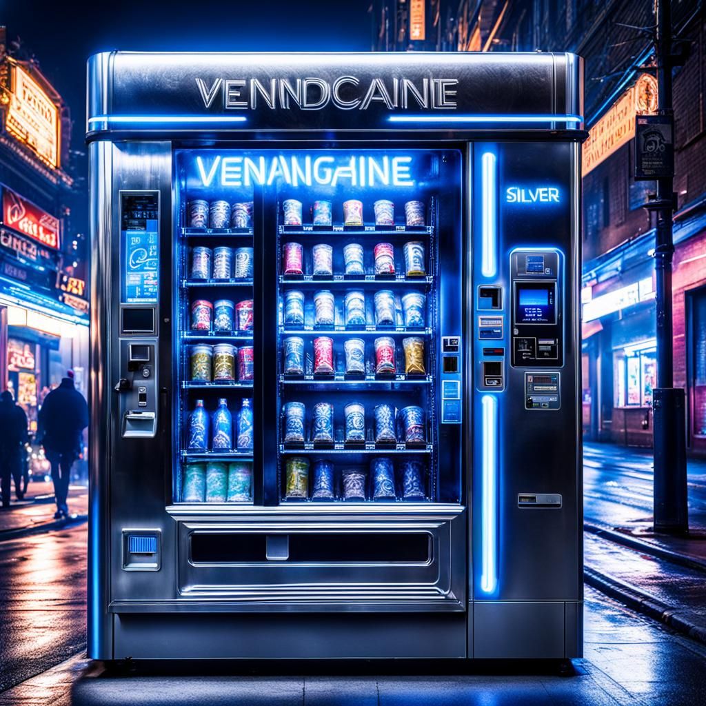 Silver and blue vending machine in a dark street with neon blue lights ...