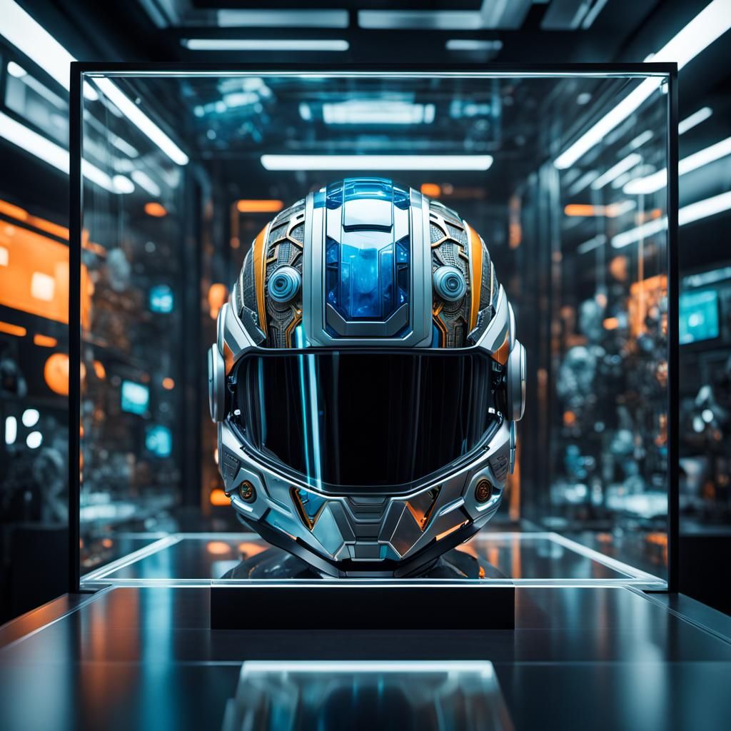 Futuristic high tech helmet in a glass display case, beautiful ...
