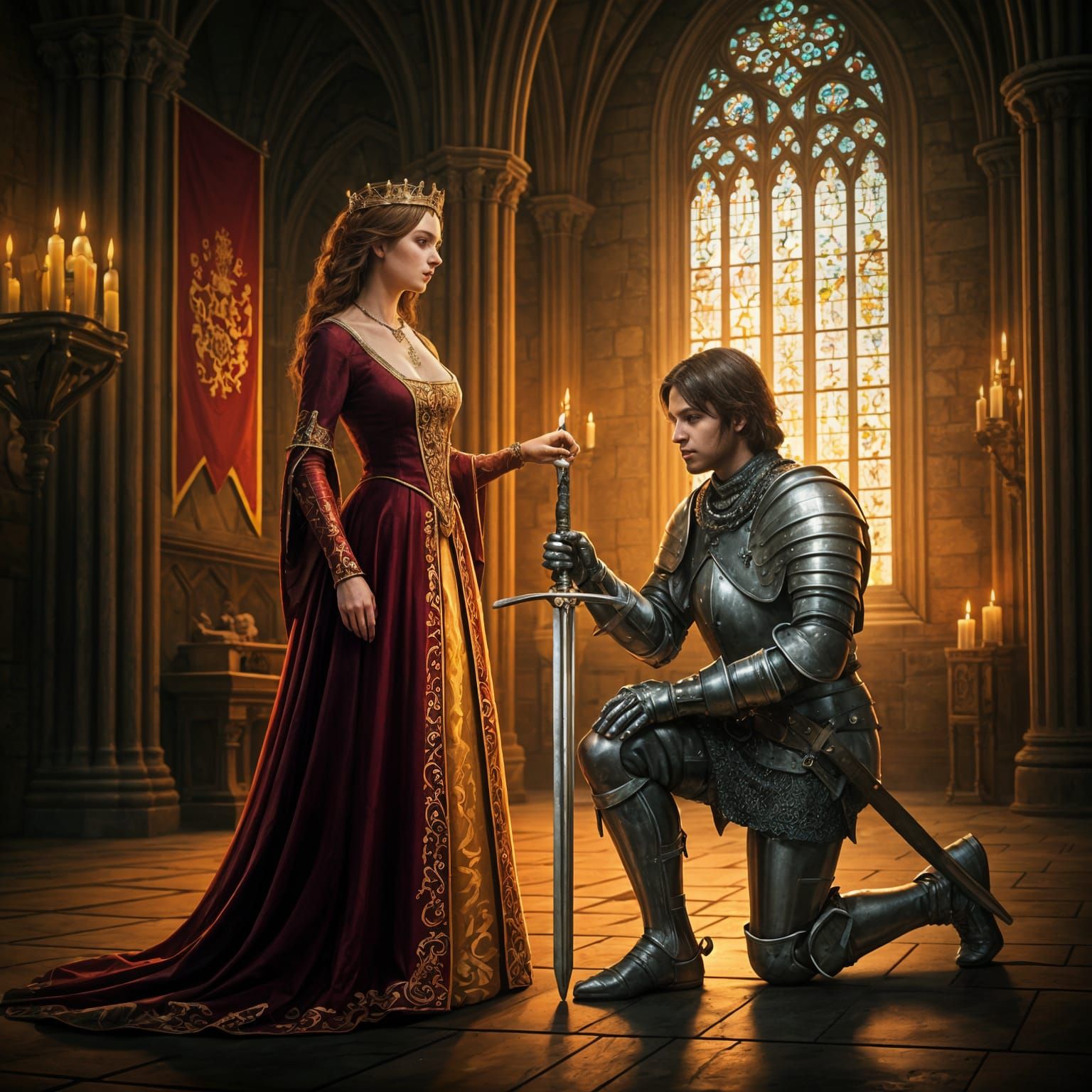 Medieval portrait of a queen performing a knighting ritual.