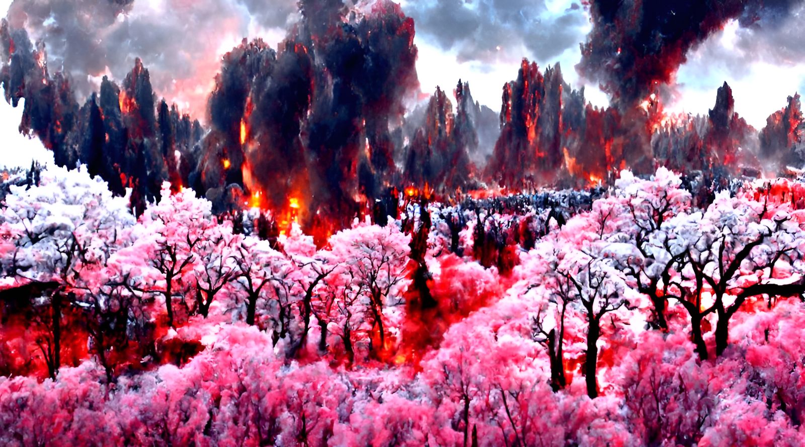 Cherry tree forest blooming in winter, whilst a forest fire is ...