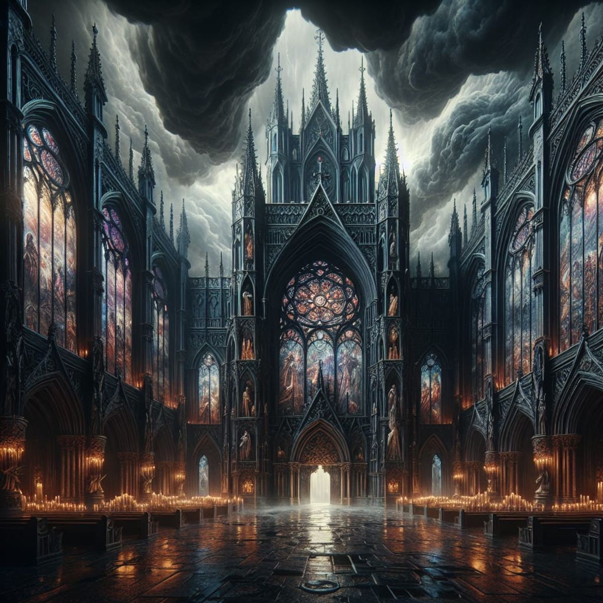 A dark, gothic cathedral stands tall against a stormy sky, its towering ...