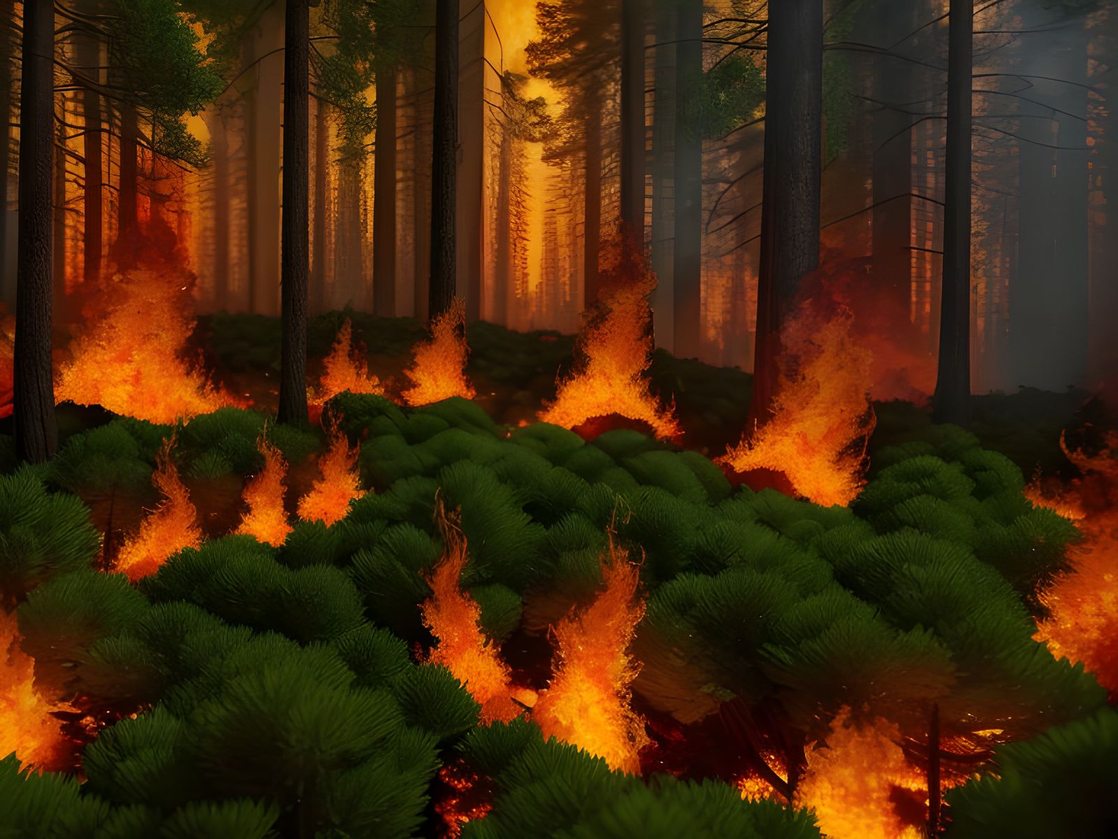 A forest of evergreen trees on fire colorful flames with smoke going up ...