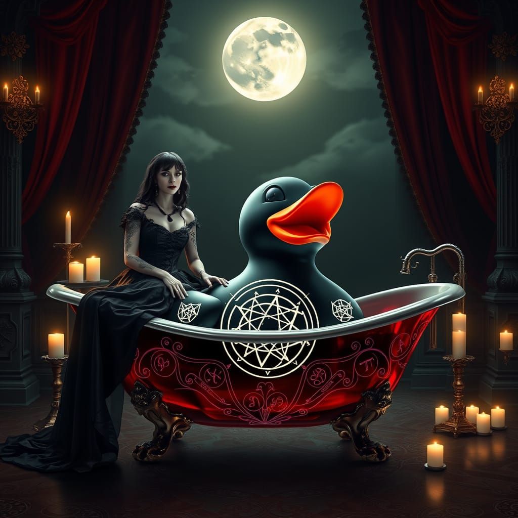 Giant Goth black rubber duck with occult symbols in a Victorian claw ...