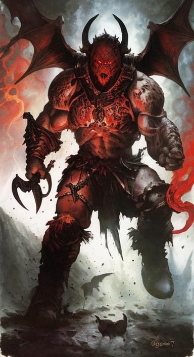 Dark Fantasy Barbarian, horned helm, glowing red eyes, bat-winged helm ...