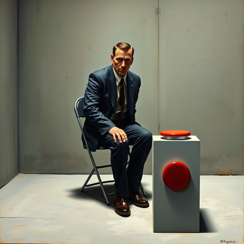 Man Contemplates Fate in a Foreboding Room, Oil Pa... - AI Art