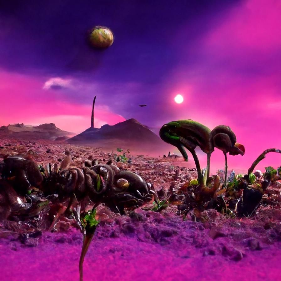 Alien landscape with huge planet in the sky and many strange creatures ...