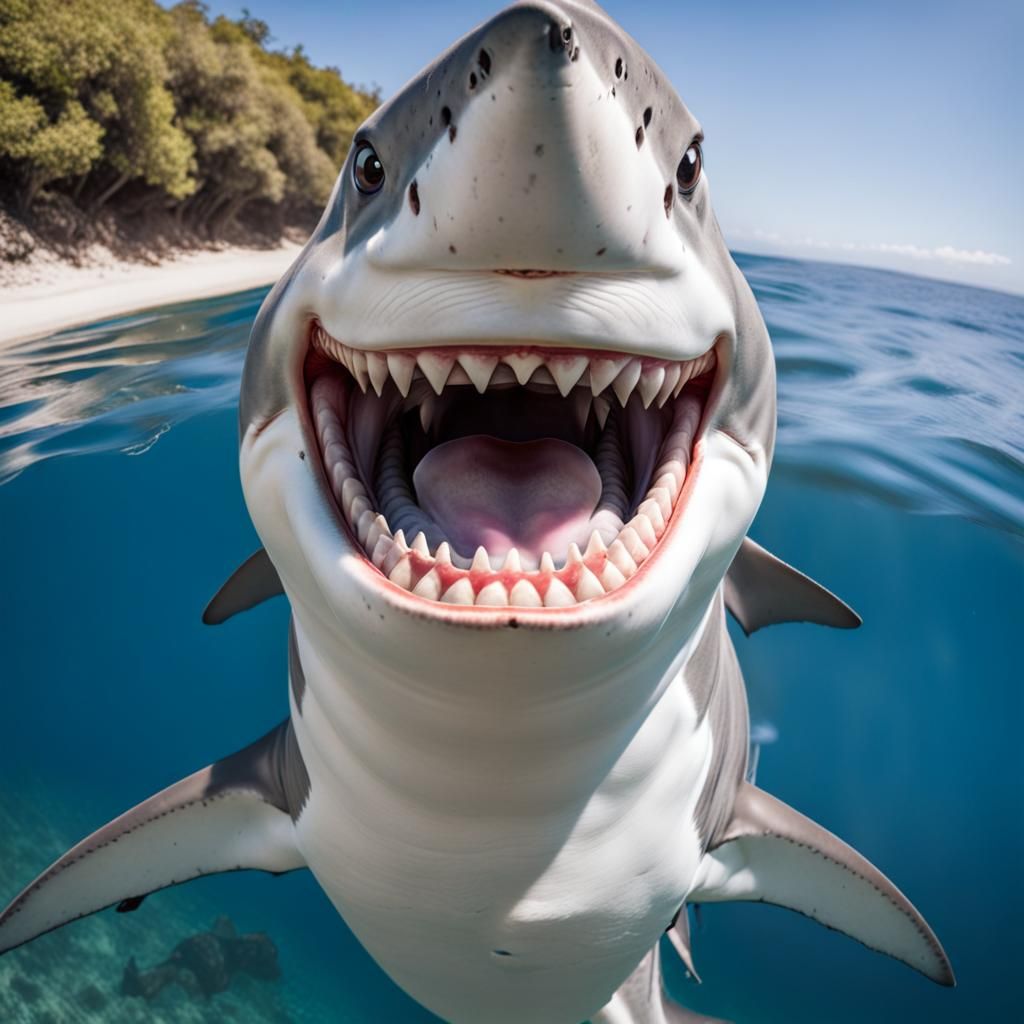 A giant white pointer shark is laughing and laughing as he takes a selfie - AI Generated Artwork ...