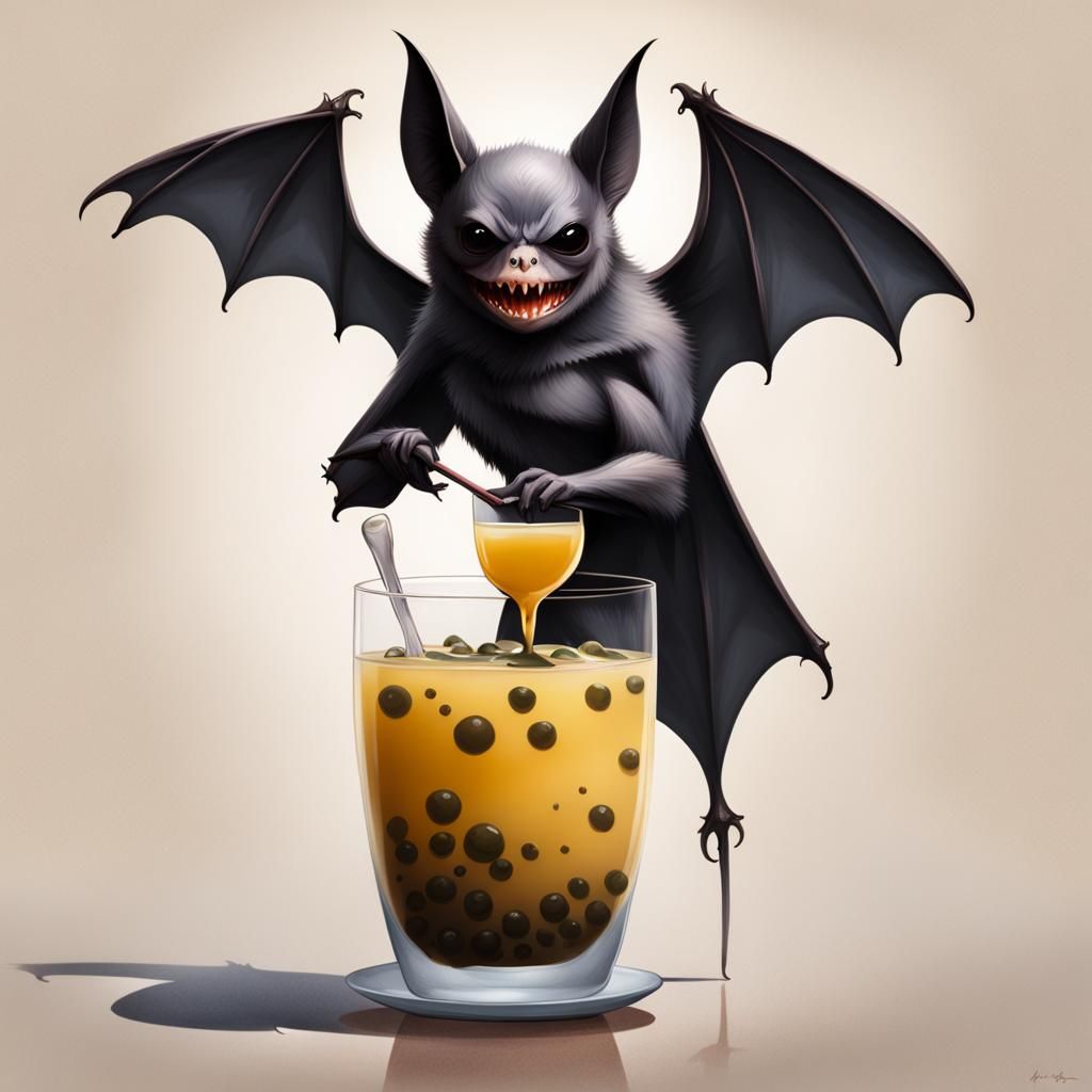 Surreal Female Bat Enjoys Boba Tea - AI Art
