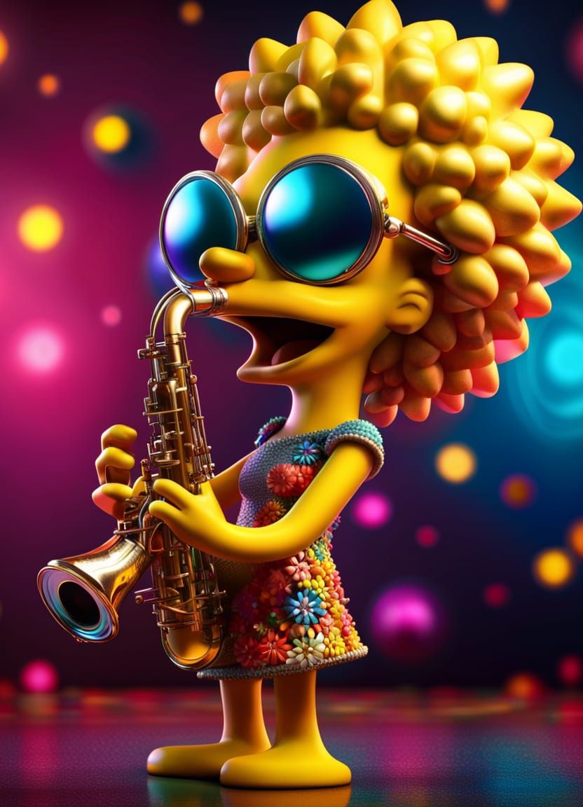 Lisa Simpson playing saxophone disco ball Hyperrealistic, splash art ...