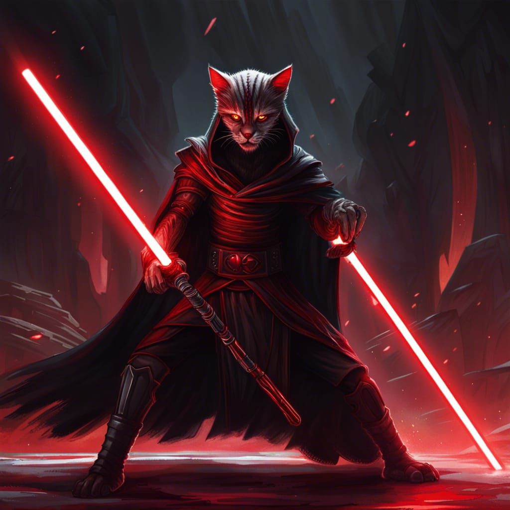 A werecat Sith Lord wearing black and red strikes a battle pose with ...