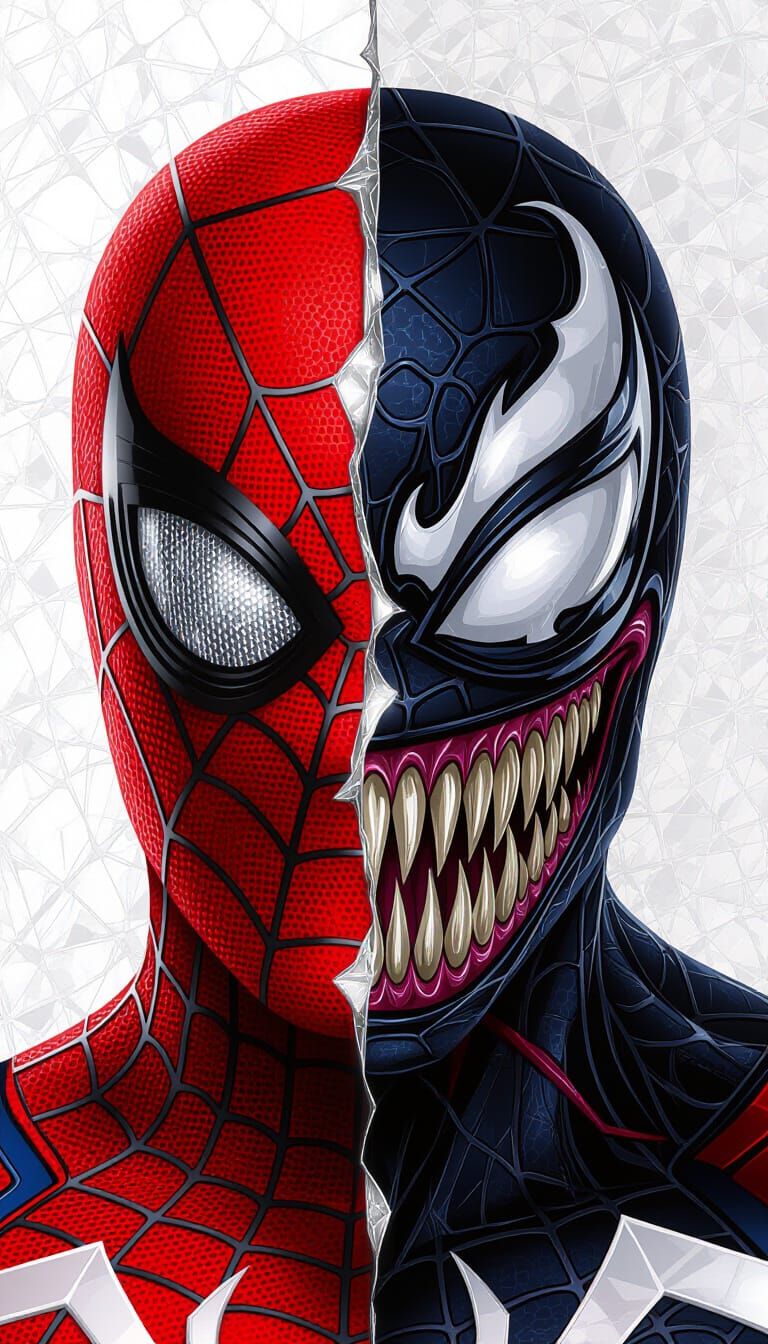 A split image featuring two halves of Spider-Man's mask. The left half ...