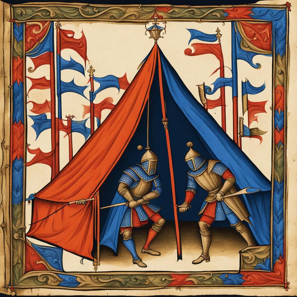 Highly detailed medieval manuscript illumination of a tent with two ...