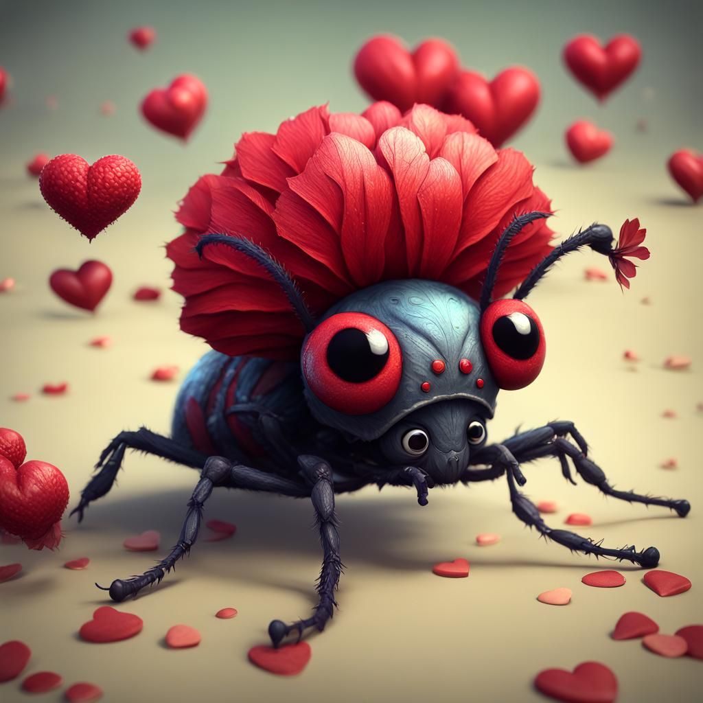 adorable chibi big-eyed fuzzy insect, hearts, skulls, red hibiscus ...